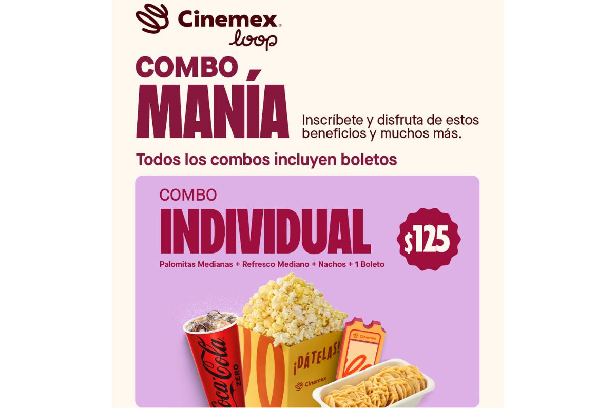 Cinemex lanza combo individual a $125 con boleto incluido…